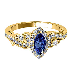 MauliJewels 3/4 Carat Marquise Shape Sapphire & Natural White Diamond Gemstone Ring Prong-Setting 14K Solid Yellow Gold