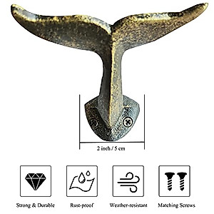 BECUTYSet of 2 Cast Iron Wall Hook-Unique Whale Tail Shape (Antique Brass Finish)