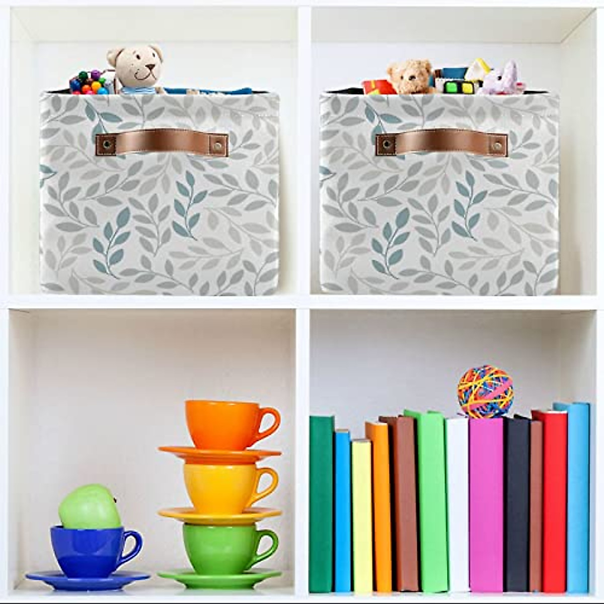 ALAZA Gray Blue Leaves Branches Foldable Storage Box Storage Basket Organizer Bins with Handles for Shelf Closet Living Room Bedroom Home Office 1 Pack
