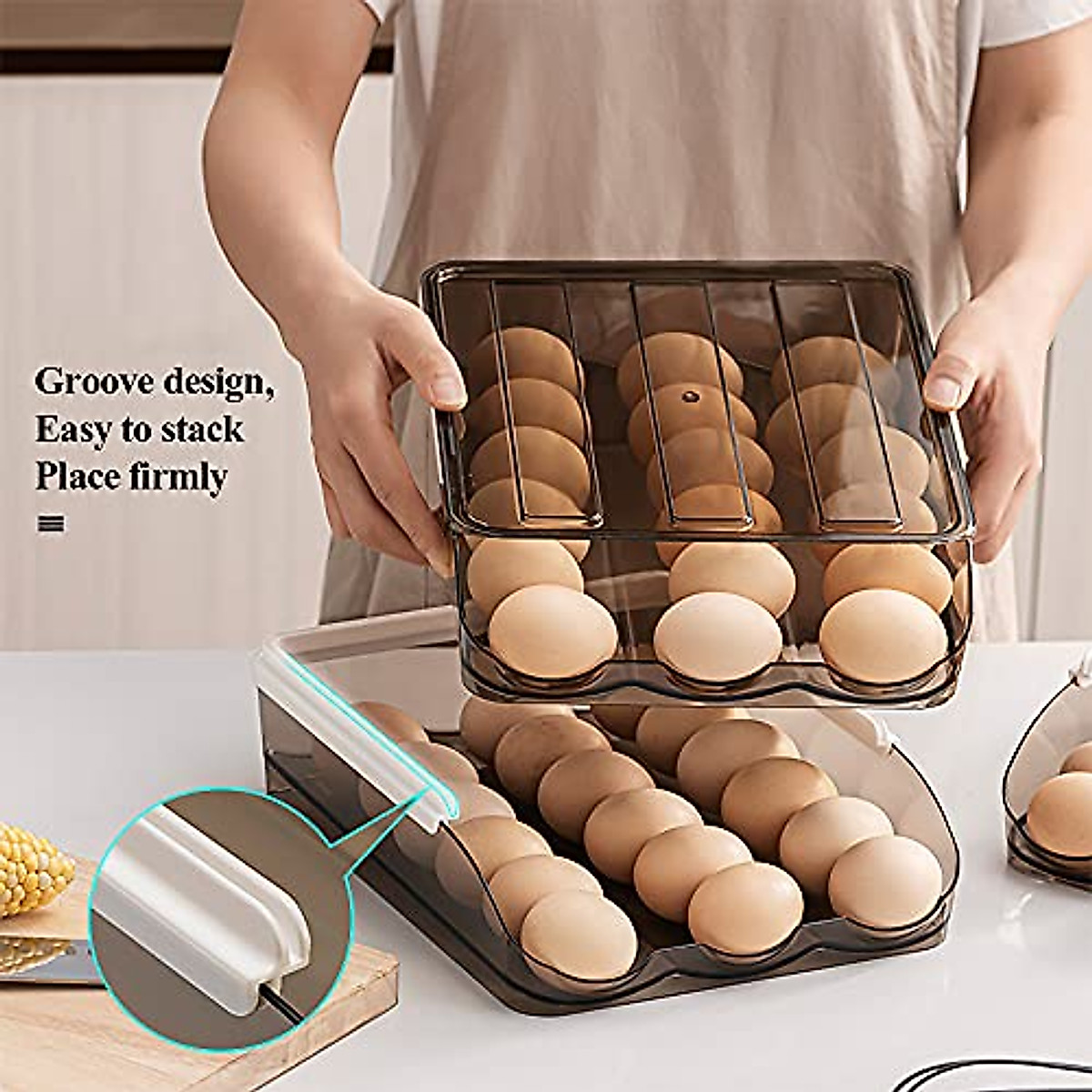 Egg container for refrigerator Automatic Rolling, Egg holder Storage box Drawer, Egg Tray Fridge Organizer For Household, Smart Stackable Devil Egg Container with Lid (Three Layers)
