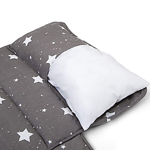 Delta Children Nap Mat with Included Pillow and Blanket for Toddlers and Kids; Features Carry Handle with Strap Closure and Name Tag; Rollup Design is Ideal for Preschool and Daycare, Dusty Skies