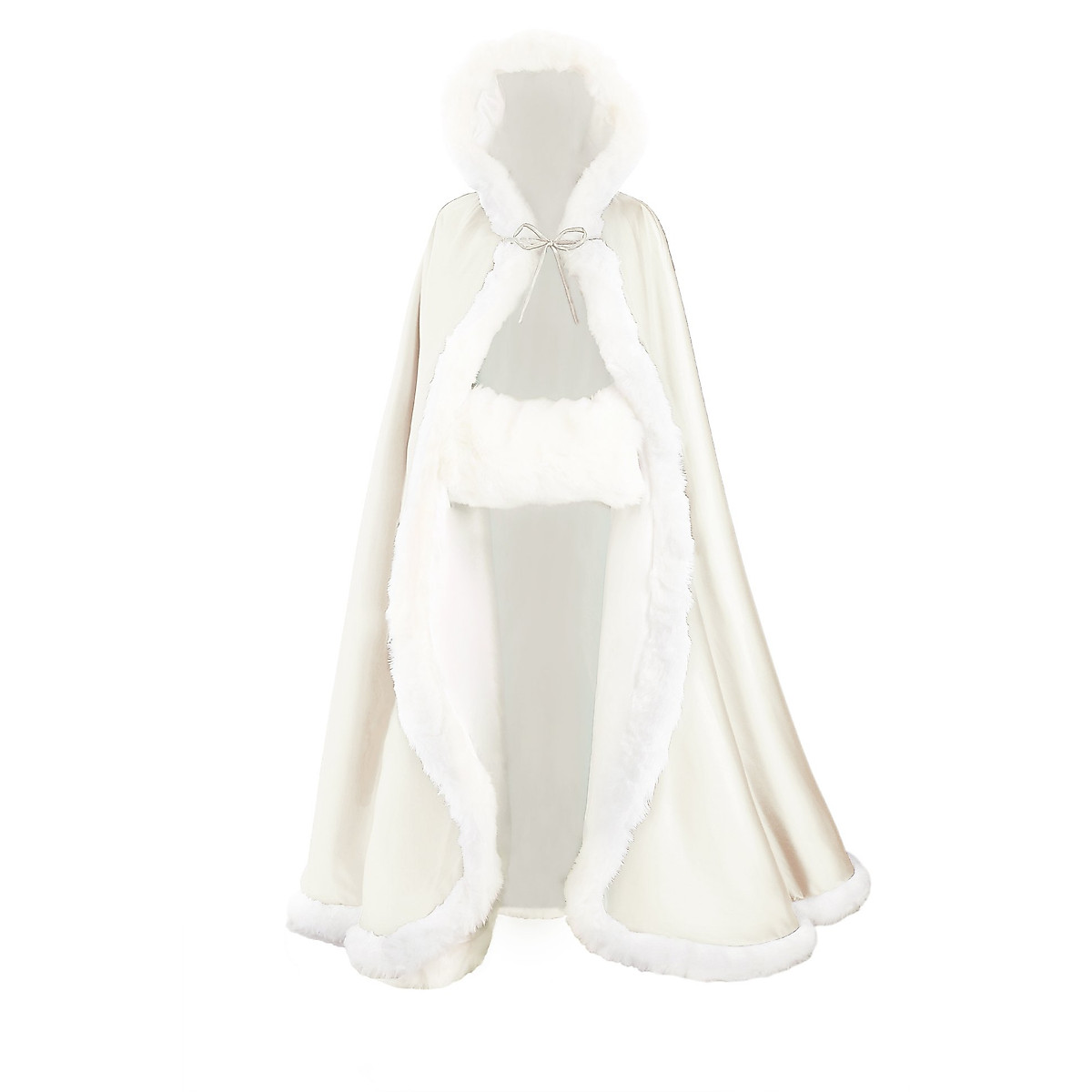 BEAUTELICATE Wedding Cape Hooded Cloak for Bride Winter Reversible with Fur Trim Free Hand Muff Length 50" Ivory