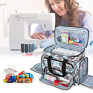 CURMIO Sewing Machine Carrying Case for Most Standard Sewing Machine, Portable Travel Tote Bag with Compartments and Pockets for Sewing Supplies, Dandelion (Bag Only, Patent Design)