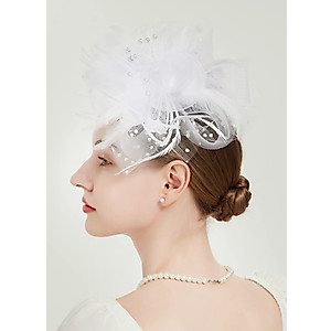 Fascinators for Women Tea Party Headband Kentucky Derby Hats Cocktail Flower Mesh Feathers Headwear Hair Clip for Wedding White