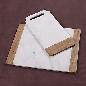 Creative Home Natural Marble with Mango Wood 18" x 9" Handled 16" x 20" Pastry Board Set, 18" L x 9" W x 5/8" H, 16" L x 20" W x 5/8" H, Off-White (patterns may vary)