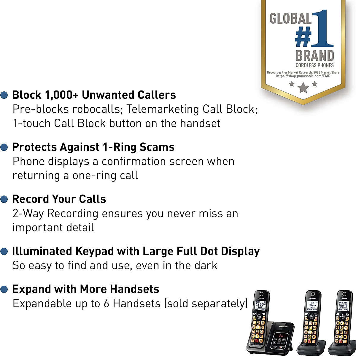 Panasonic Cordless Phone with Answering Machine, Advanced Call Block, Bilingual Caller ID and Easy to Read High-Contrast Display, Expandable System with 3 Handsets - KX-TGD833M (Metallic Black)