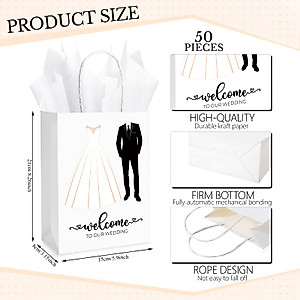 Zhanmai 50 Sets Wedding Welcome Bags with 50 Sheets Tissue Paper Wedding Favor Bags Welcome to Our Wedding Gift Bags Wedding Party Gift Bags with Handles for Wedding Guests,5.91 x 3.15 x 8.27 Inches