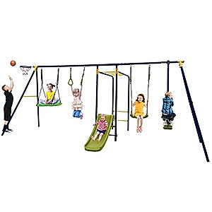HONEY JOY Swing Sets for Backyard, 660lbs 7-in-1 Heavy Duty Swing Set w/A-Frame Metal Swing Stand, 2 Swings, Glider, Gym Rings, Slide, Monkey Bar,Basketball Hoop, Swingset Outdoor for Kids 3-12