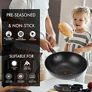 Carbon Steel Wok Pan - 12.9" Wok Pan with Lid, Woks & Stir-fry Pans Nonstick with Spatula & Brush, Chinese Wok Flat Bottom Wok for Induction, Electric, Gas, All Stoves