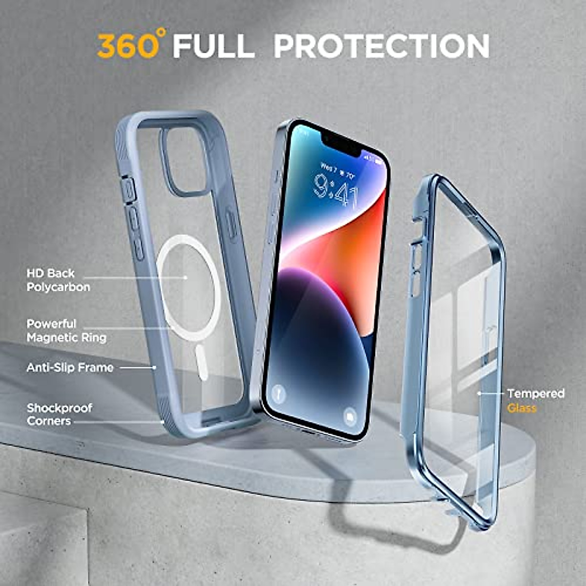 Miracase Magnetic iPhone 14/13 Case with Magsafe, Full-Body Bumper, Anti-Fingerprint 9H Tempered Glass, Dust Port - Blue