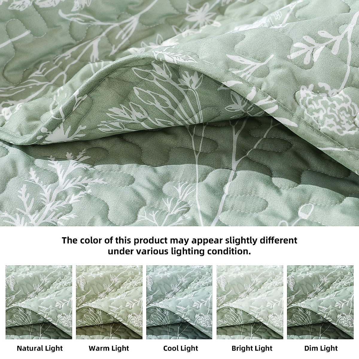 JANZAA Quilts Queen Size Sage Green Quilt Botanical with Floral Pattern Microfiber Bedspreads Queen Size 3 Pieces Lightweight Comforter Reversible Bedding Set with 2 Pillow Cases