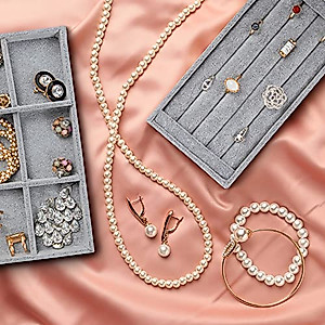 Houseables Jewelry Tray Organizer, Stackable Accessories, Storage, 13.8"x 9.5", Grey, 4 Pcs, Earring Box, Adjustable Drawer Insert, Velvet Ring Holder, Bracelet & Necklace Display, Cufflink Case