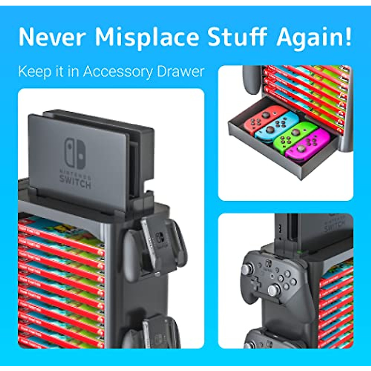 Skywin Game Storage Tower for Nintendo Switch - Nintendo Switch Game Holder Game Disk Rack and Controller Organizer Compatible with Nintendo Switch and Accessories