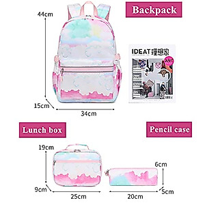 Mildame 3Pcs Tie Dye Backpacks for Girls Elementary Casual Bookbag Set School Backpack for Teens with Lunch Box