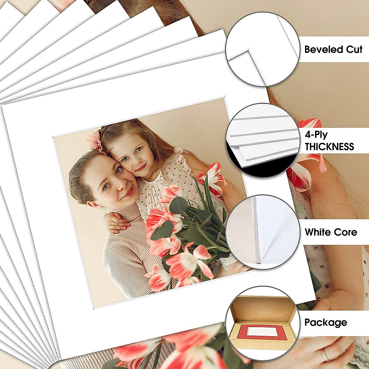 Golden State Art, Pack of 10, 12x12 White Picture Mats Mattes with White Core Bevel Cut for 8x8 Photo