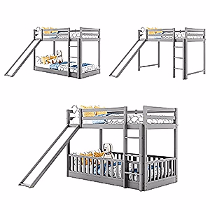 RORIGAT Twin Over Twin Floor Bunk Bed with Slide and Ladder, Low Bunk Bed for Kids Boys Girls Teens, Gray