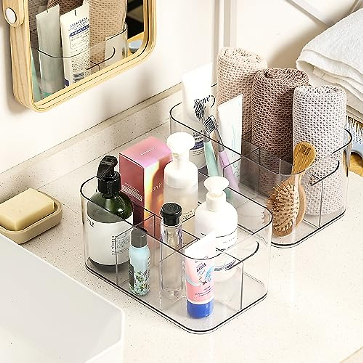 5-Compartment Clear Plastic Bin - Divided Cosmetic Makeup Caddy Organizer - Multiuse Storage Container for Vanity, Bathroom, Kitchen, Pantry, Office, Craft, Utensil, Shower, Cleaning Items, (1 Pack)