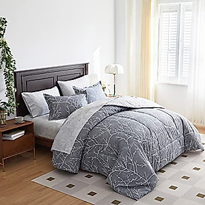 UOZZI BEDDING Cotton Gray Comforter Sheet Set Queen Size 7 Pieces Bed in a Bag with White Branch Soft Bed Set (1 Comforter 2 Pillow Shams 1 Flat Sheet 1 Fitted Sheet 2 Pillowcases)