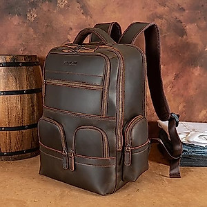 Polare Full Grain Leather 17.3 Inch Laptop Backpack 29L Large Business Overnight Weekender Rucksack Vintage Multi Pockets Travel Computer Bag