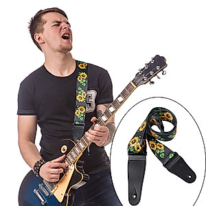 uxcell Guitar Strap, Classical Vintage Sunflower Print Guitar Shoulder Straps with Leather End, Adjustable Strap with free Lace Tie for Bass, Electric & Acoustic Guitars