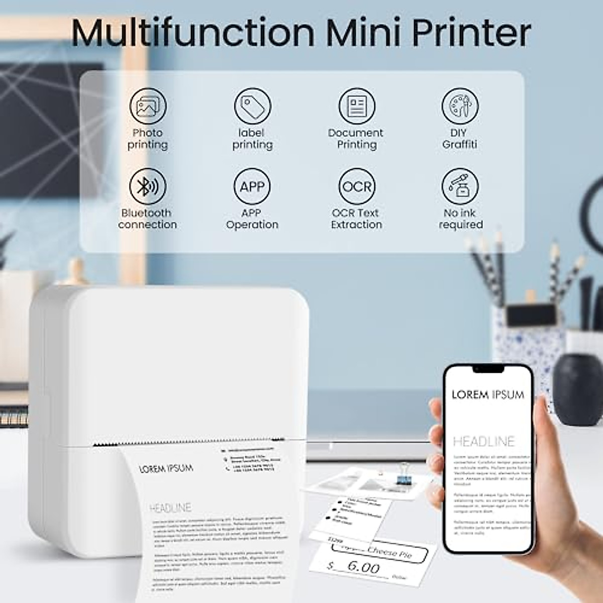 ZERNBER X6 Mini Printer Sticker Maker, Portable Inkless Thermal Bluetooth Label Photo Printer for Journaling, Entertainment, DIY Gifts for Kids (Free 4 Rolls of Printing Paper) White
