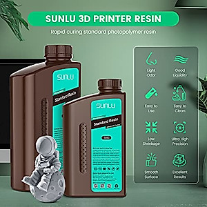 SUNLU 3D Printer Resin, 1kg Fast Curing Standard 3D Resin for LCD DLP SLA Resin 3D Printers, 395-405nm UV Light Curing 3D Printing Liquid Photopolymer Resin, Low Shrinkage, High Precision, 1000g, Grey