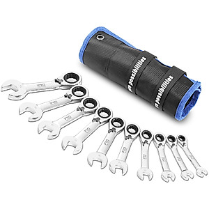 Prostormer Stubby Reversible Ratcheting Wrench Set, 10-Piece 8-19mm Metric 72-Teeth Box End and Open End Combination Wrench Kit with Rolling Pouch, CR-V Constructed