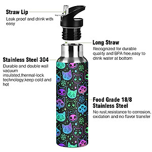 Burbuja Cute Cartoon Voodoo Cat Stainless Steel Water Bottle, Vacuum Insulated Water Bottles with Straw Lid for Sports, Gym, School - Leak & Sweat Proof, BPA Free, 32 oz