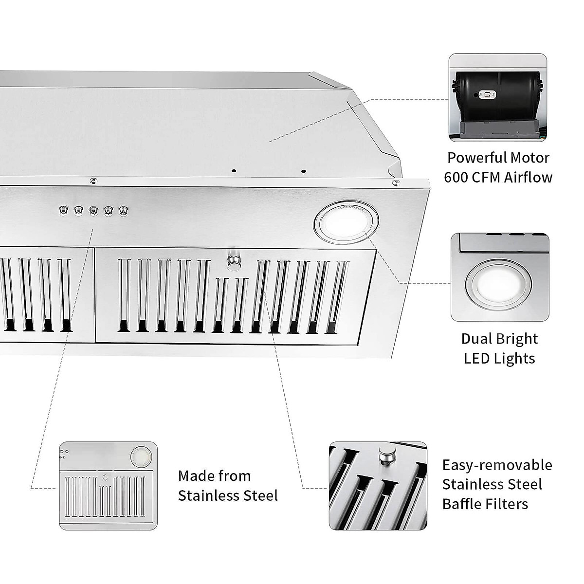 Zomagas Range Hood Insert 30 inch,Stainless Steel Kitchen Vent Hood 600CFM,Built-in Kitchen Stove Hood w/Front Button Controls and Front LED Lights,Baffle Filters,Ducted/ductless Convertible Duct