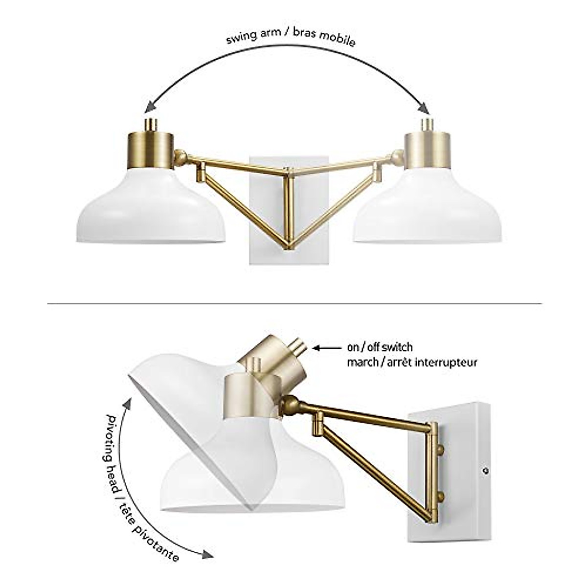 Globe Electric 51344 1-Light Plug-in or Hardwire Swing Arm Wall Sconce, White, Brass Accents, White Cloth Cord, Wall Lighting, Wall Lights for Bedroom, Kitchen Sconces Wall Lighting, Home Décor