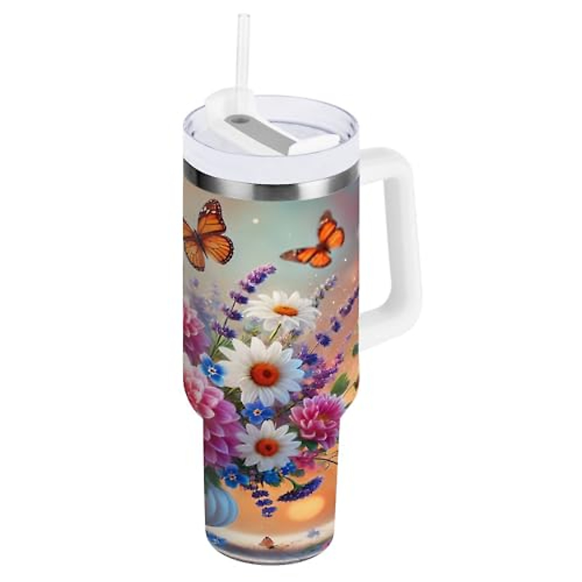 RPLIFE Floral with Butterflies Coffee Tumbler, Stainless Water Bottle, Insulated Cup with Straw, Coffee Tumbler for Women