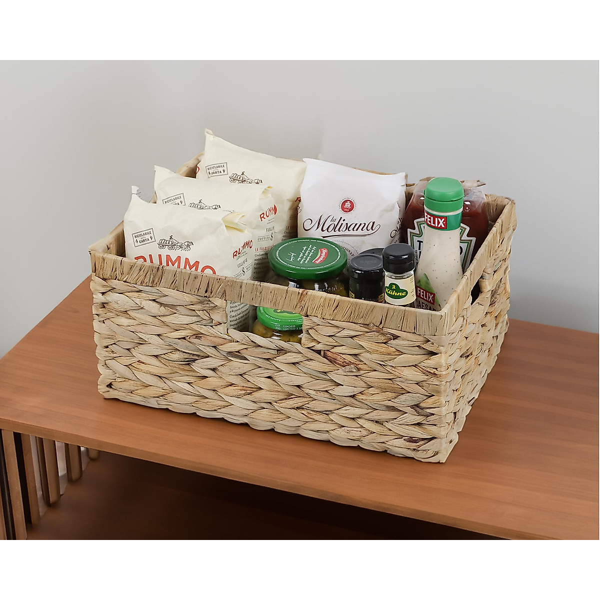Jumbo Wicker Basket, Rectangular Wicker Basket for Storage, Water Hyacinth Extra Large Storage Basket, Shelf Basket with Built-in Handles, Pantry Baskets-1 Pack