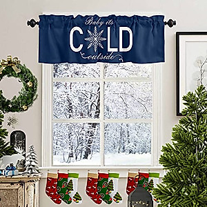Farmhouse Curtain Valances for Window, Christmas Valance Curtains Rod Pocket Window Kitchen Curtain for Bedroom Living Room Cold Winter Snowflakes Blue Backdrop （54x18inch, 1 Panel）