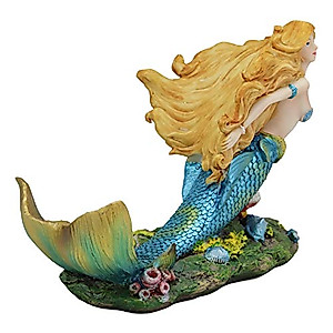 Ebros Nautical Coastal Beach Colorful Blonde Mermaid with Shimmering Blue Tail Swimming by Corals Wine Holder Display Figurine Resin Sea Siren Kitchen Decor Party Centerpiece Ocean Reef Nymph Statue
