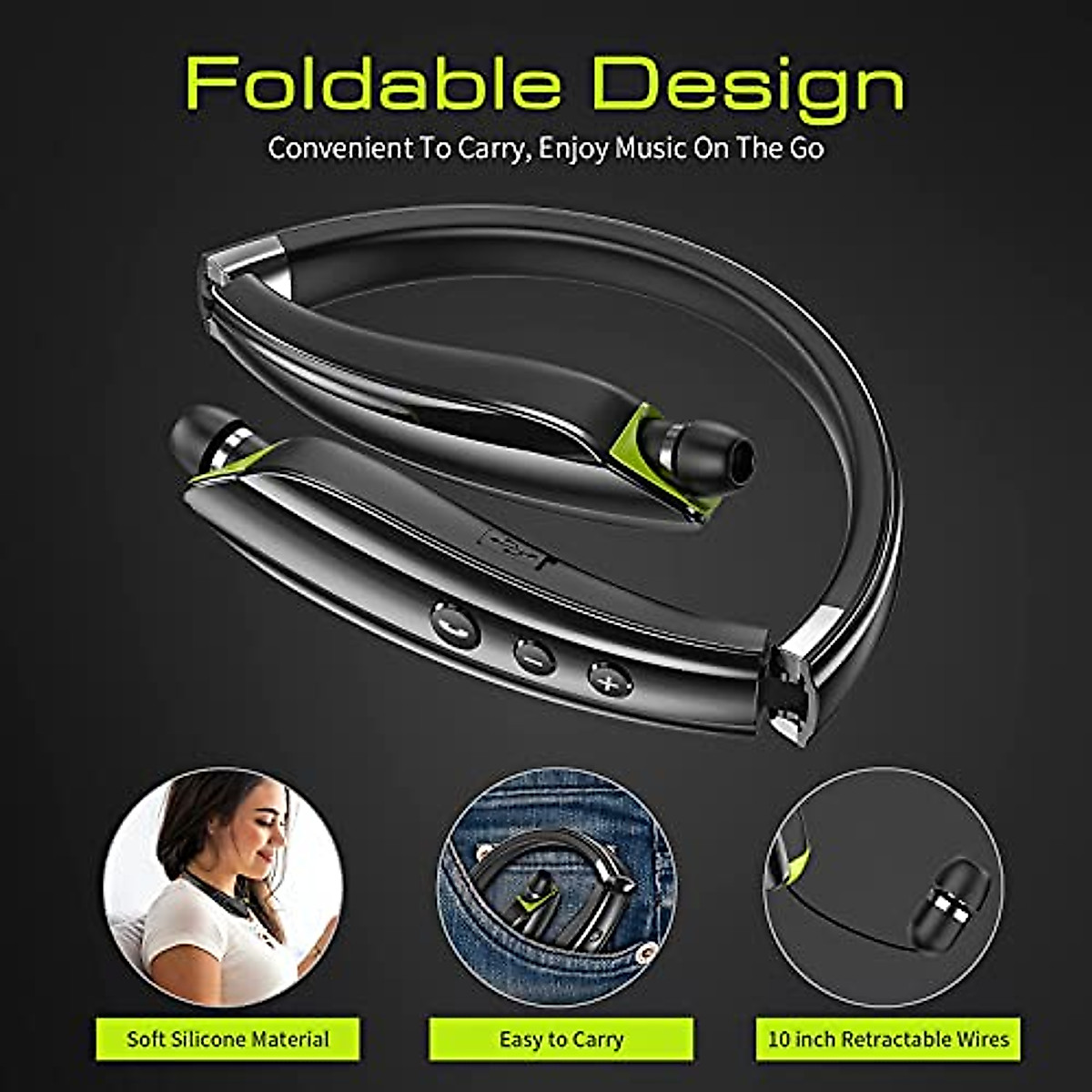 Bluetooth Headset, 2022 Upgraded Neckband Bluetooth Headphones with Retractable Earbuds, Noise Cancelling Stereo Earphones with Mic, Foldable Wireless Headphones for Sports Office with Carry Case