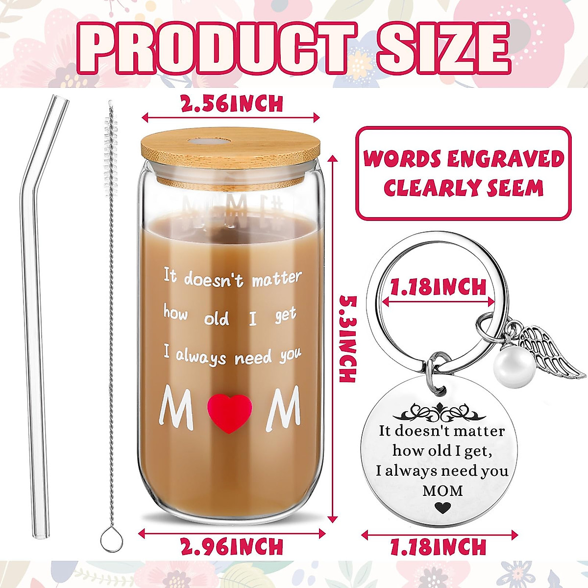 Yetene 2 Pcs Mother's Day Gifts 16 oz Coffee Glass Cup and Mom Keychain for Mama Coffee Mug with Straw and Lid Mom Birthday Gifts from Daughter Son