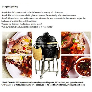 RJMOLU Large BBQ Grill, 24" Smoker Barbecue Grill with 2 Foldable Wooden Side Shelves, Quick Fire Lighter, Ceramic Barbecue for Picnic Garden Terrace Camping Travel