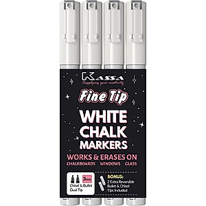 Kassa 4-Pack Erasable White Liquid Chalk Markers, for Chalkboard, Windows, Glass or Mirrors & More; Non-Toxic Washable Marker Pens with Reversible Dual Tip! Ideal for Home, School, & Office Use!