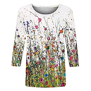 Black Shirts for Women Blouses and Tops Dressy Casual 2023 Trendy Summer 3/4 Sleeve Crewneck t-Shirt Boho Floral Print Shirts