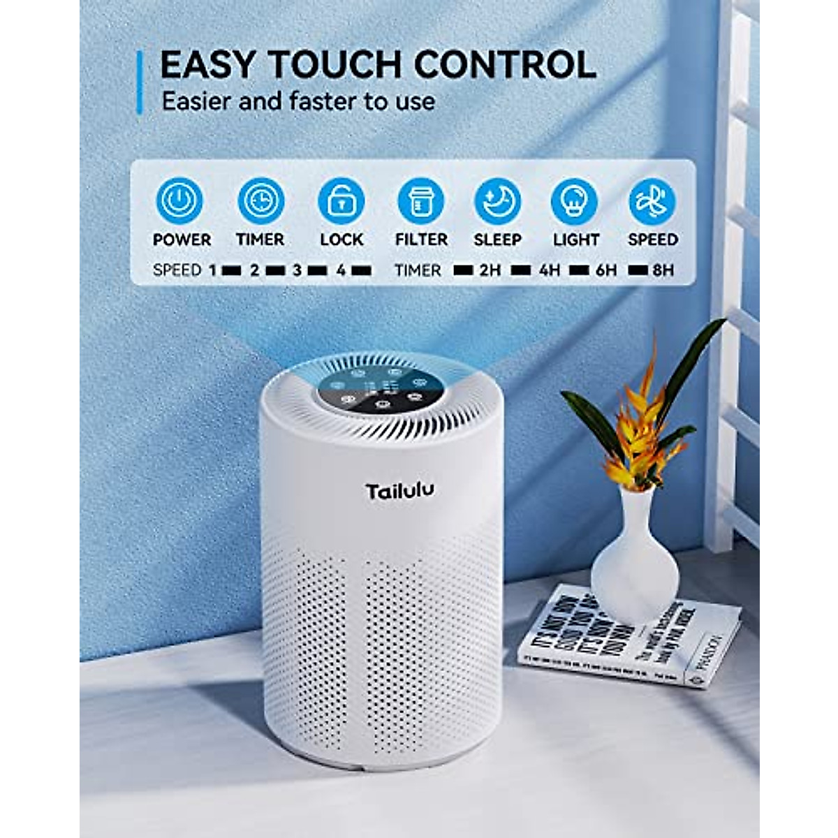 Air Purifier for Bedroom, H13 True HEPA Air Purifier for Home Large Room Up to 1722ft², with Night Light, 4 Timer, Light, Child Lock for Allergies Pets Dust Smoke Pollen Dander Hair Smell and Dog Odor