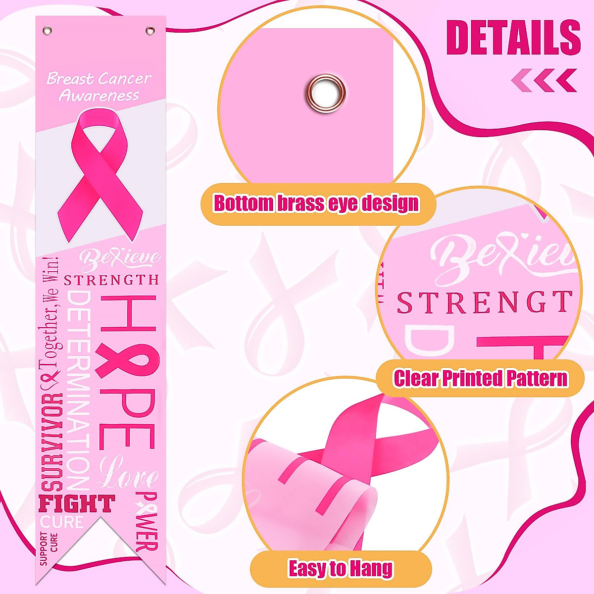 12 Pieces Pink Ribbon Hanging Banner Breast Cancer Awareness Banner Decorations Hope Faith Strength Courage Banner Porch Sign Background for Party Breast Cancer Awareness Event