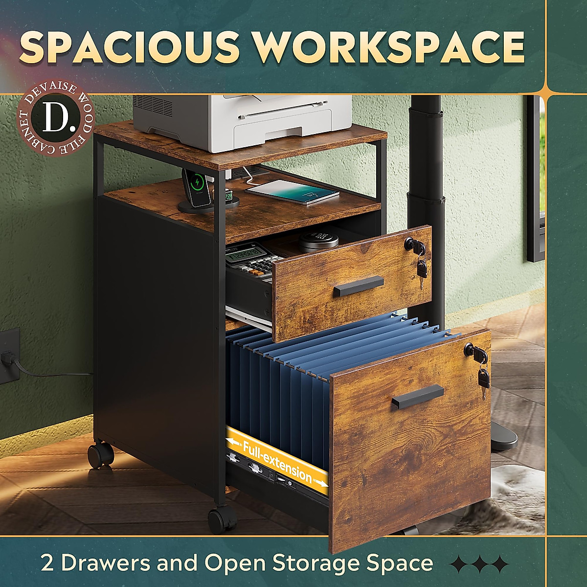 DEVAISE 2 Drawer File Cabinet, Mobile Printer Stand with Open Storage Shelf, Wood Filing Cabinet fits A4 or Letter Size for Home Office, Rustic Brown