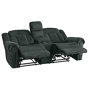 Homelegance Nutmeg Upholstered Double Reclining Loveseat with Console, Charcoal Gray