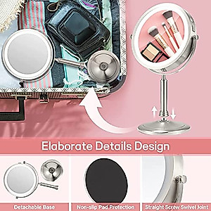 VESAUR 8" Rechargeable Lighted Makeup Mirror, 1X/10X Magnifying Mirror with 3 Colors 50 LED Lights, Touch Screen Brightness Adjustable, Removable Travel Vanity Mirror 360° Rotation, Senior Nickel