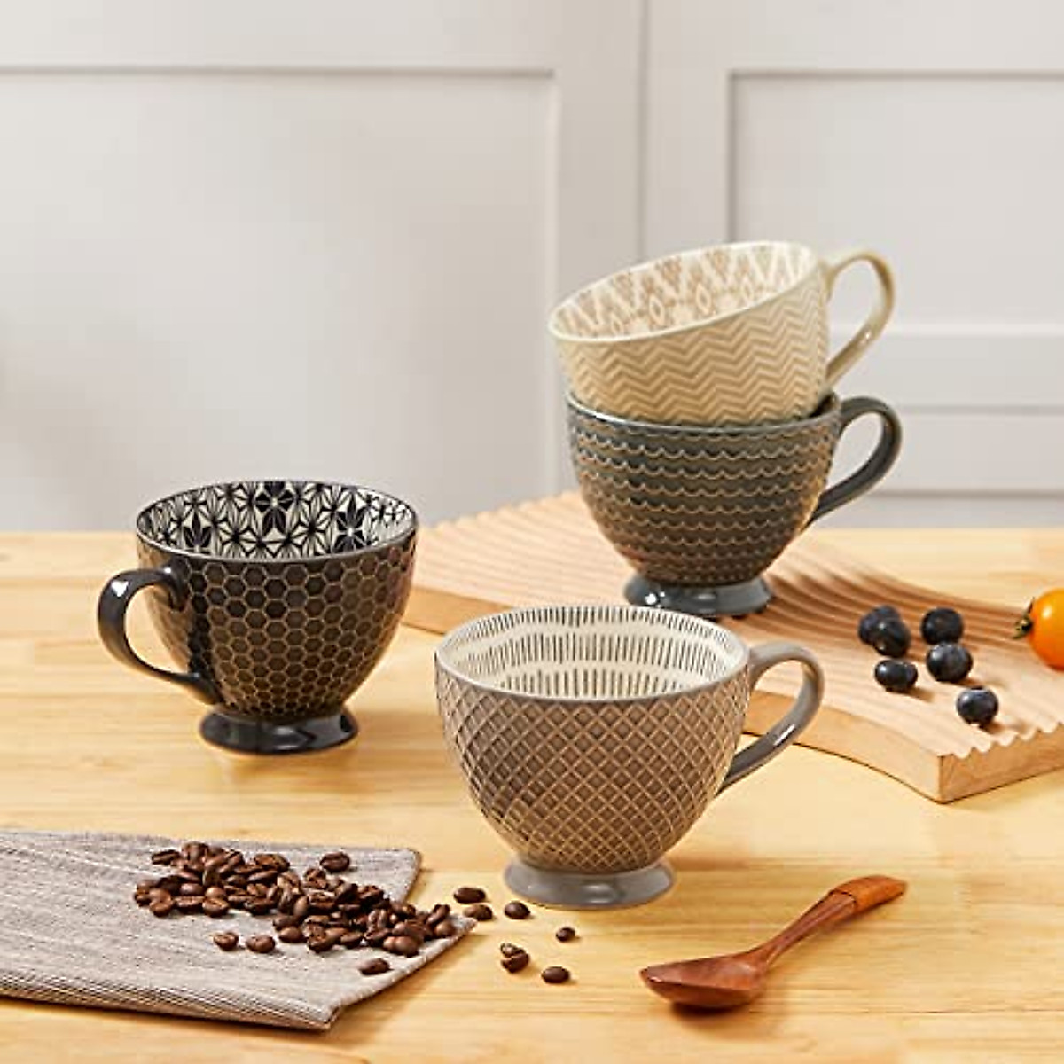 Signature Housewares Pad Print Set of 4 Ceramic Assorted Footed 14oz Mugs, PP Gray