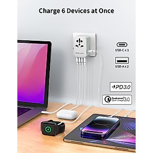 MOMAX Universal Travel Adapter, 70W GaN International Power Adapter, 3 USB-C & 2 USB-A, Worldwide Travel Plug Adapter, International Power Adapter for Most Europe, USA Japan, Australia (Type C/A/G/I)