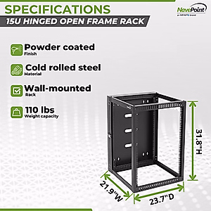 NavePoint 15U Wall Mount Server Rack with Hinged Back, 4-Post 24” Deep, Rear Swing Frame 15U Network Rack Wall Mount for 19 Inch Equipment AV IT Easy Cable Management, Black