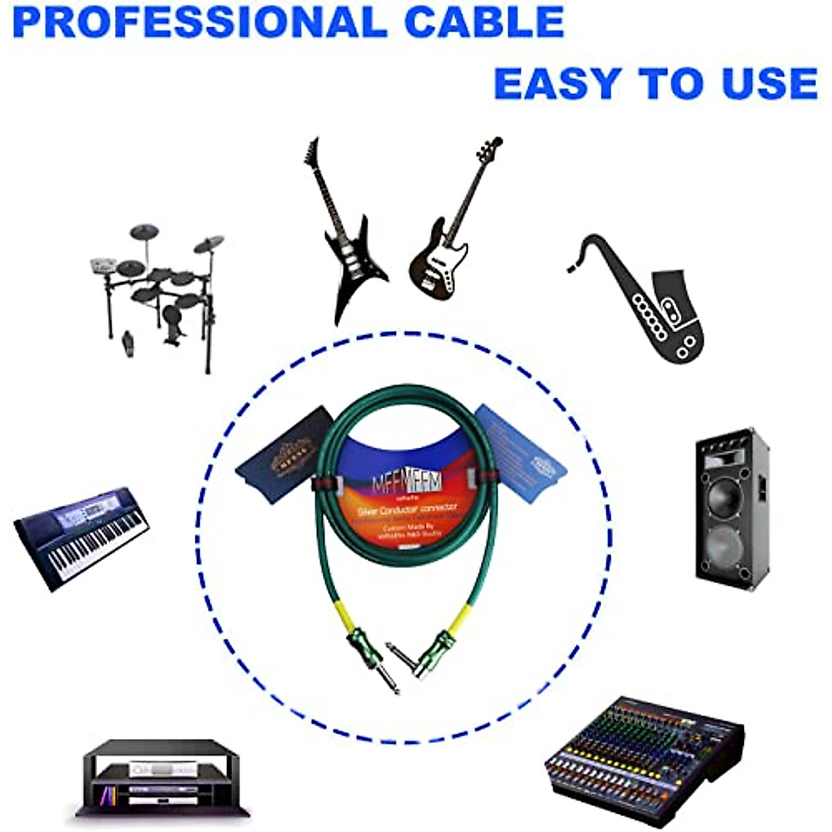 mffmffm Guitar Cable 10 ft - Straight to Right Angle 1/4 Inch Guitar Cord, Instrument Cable for Electric Guitar/Amp/Bass, Pro Audio (Green)