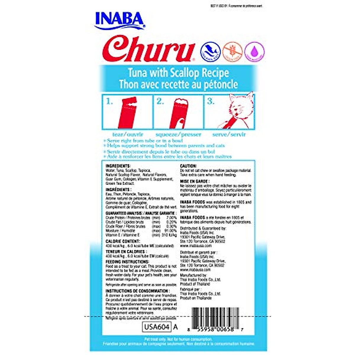 INABA Churu Lickable Purée Natural Cat Treats (Tuna with Scallop Recipe, 4 Tubes)