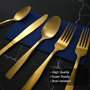 IFERRENS 40-Piece Matte Gold Silverware Set for 8, 18/0 Brushed Finish Stainless Steel Utensils Set, Dishwasher Safe Modern Flatware Set for Daily Home Restaurant Party Event Serving For 8